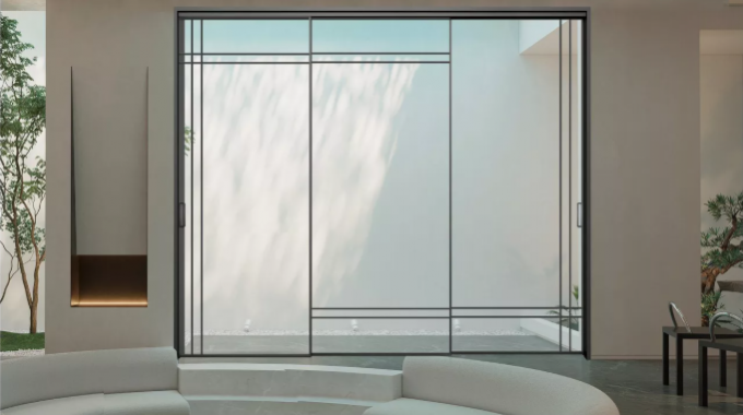 Slanted Edge Three Track Single Glass Aluminum Sliding Doors Triple Linkage